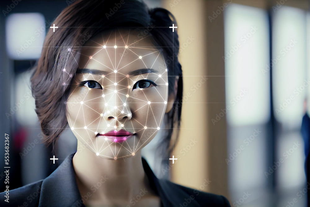 Futuristic and technological scanning of the face of a Asian business ...