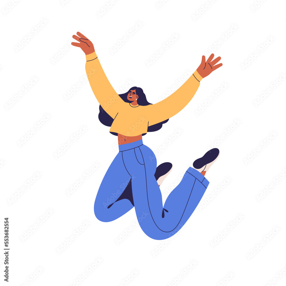 Happy woman jumping up with joy, positive energy. Excited young girl in ...