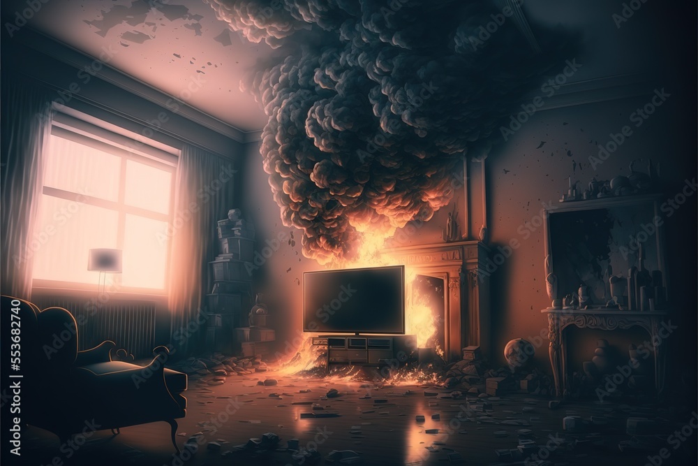 Fire flames engulfed the house and clouds of black smoke inside a ...