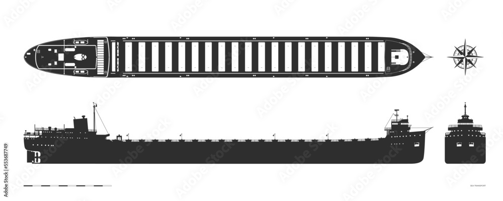Cargo ship black silhouette. Industrial blueprint. Front, side and top ...