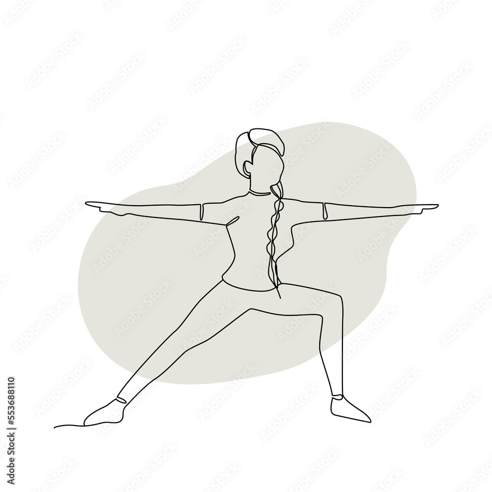 Single line drawing of a girl standing in a yoga pose with abstract ...