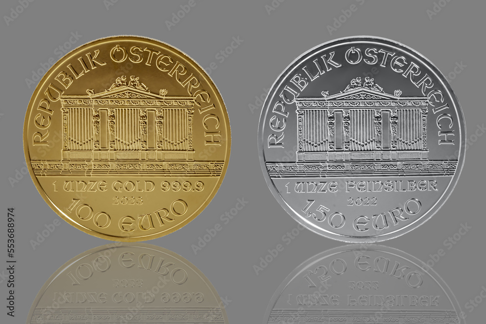 Wiener Philharmoniker Gold Coin 1 oz, Vienna Philharmonic silver coin 1 ...