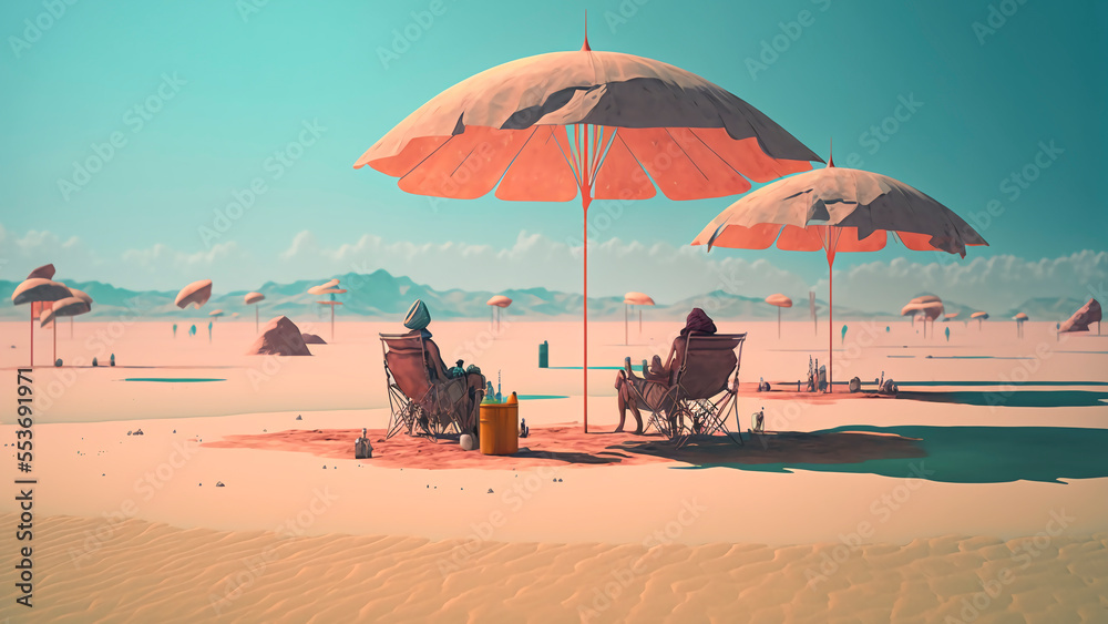 Beach life in global warming era. Couple relaxing on beach chairs under ...
