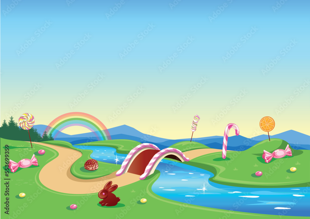 Fairy tale vector illustration of candy land with river and chocolate ...
