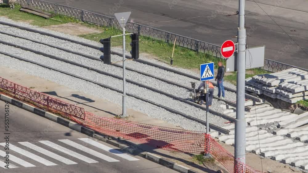 Repair works with excavator on the street aerial timelapse. Laying of ...