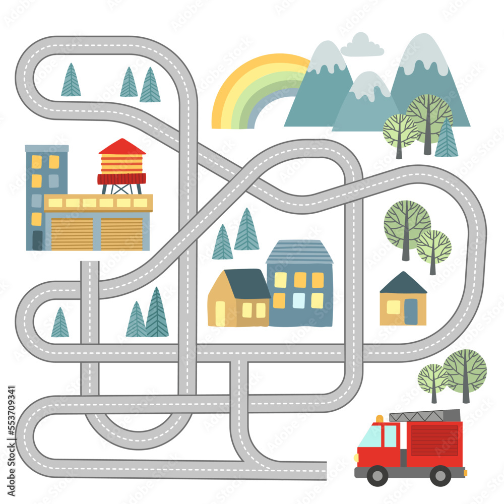 Maze game with vehicles and tangled road. Help the fire truck to reach ...