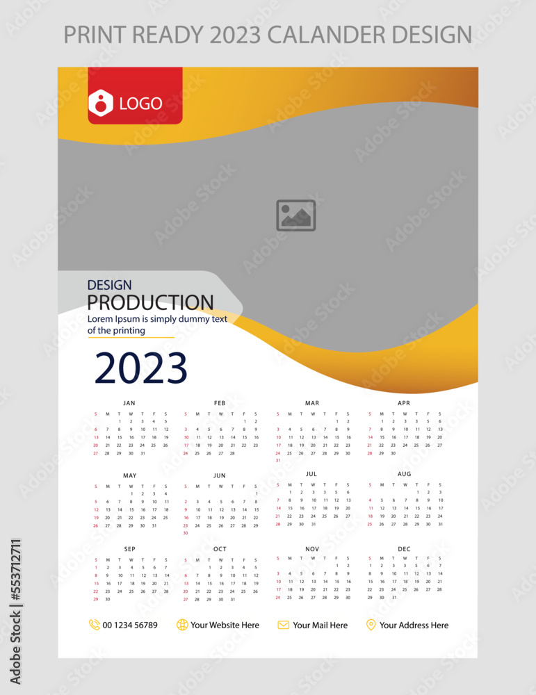 2023 calendar. Editable illustration page template A4, A3. Week start ...