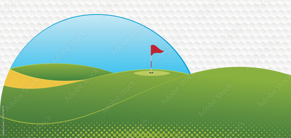 Golf game background. Golf course with flags, sand bunker and greens ...