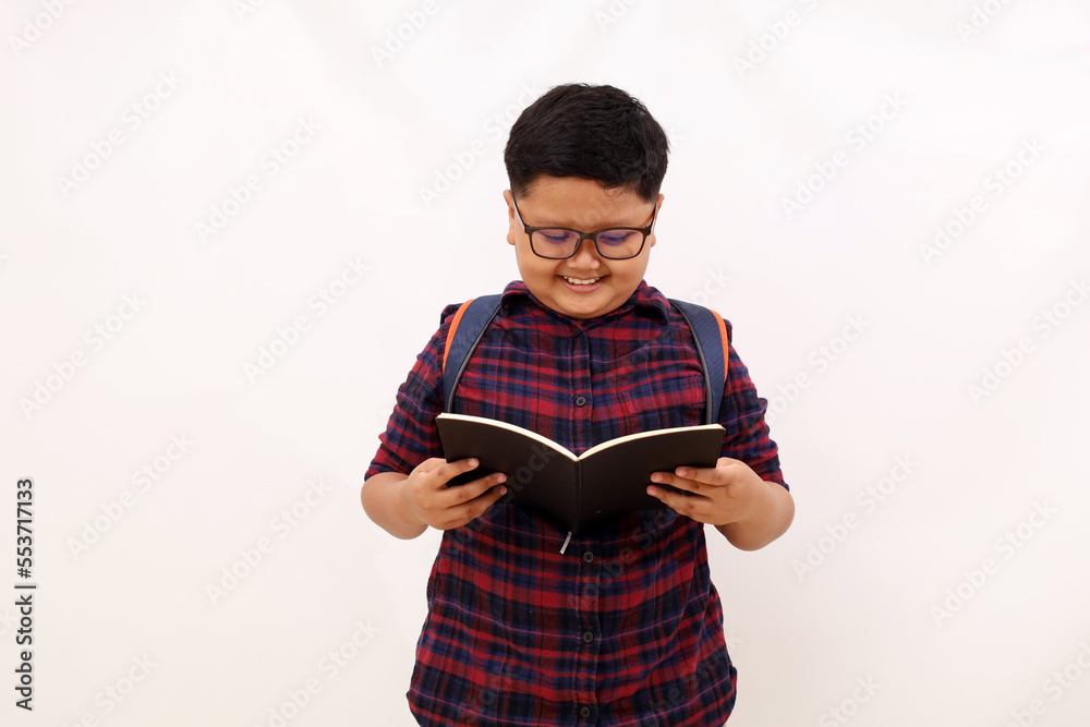 Adorable asian school boy standing while reading a book. Isolated on ...