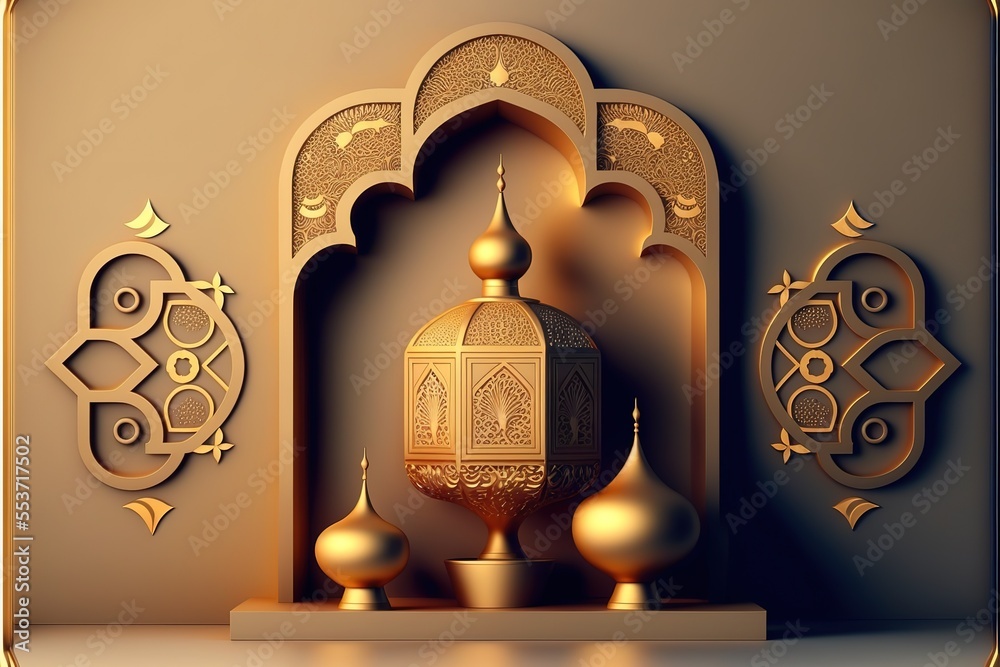 Islamic display podium decoration background with mosque, lantern ...