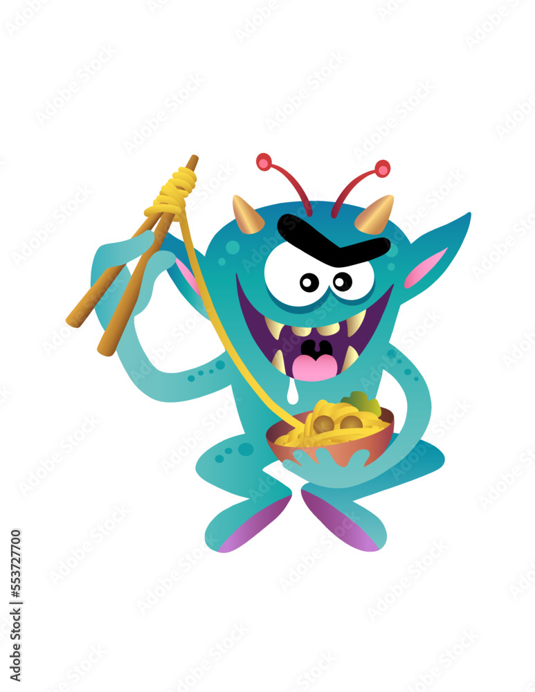 Cute cartoon monster eating noodles illustration Stock Vector | Adobe Stock