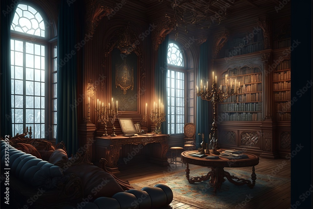 Baroque living room interior of a gothic style castle with candles on ...