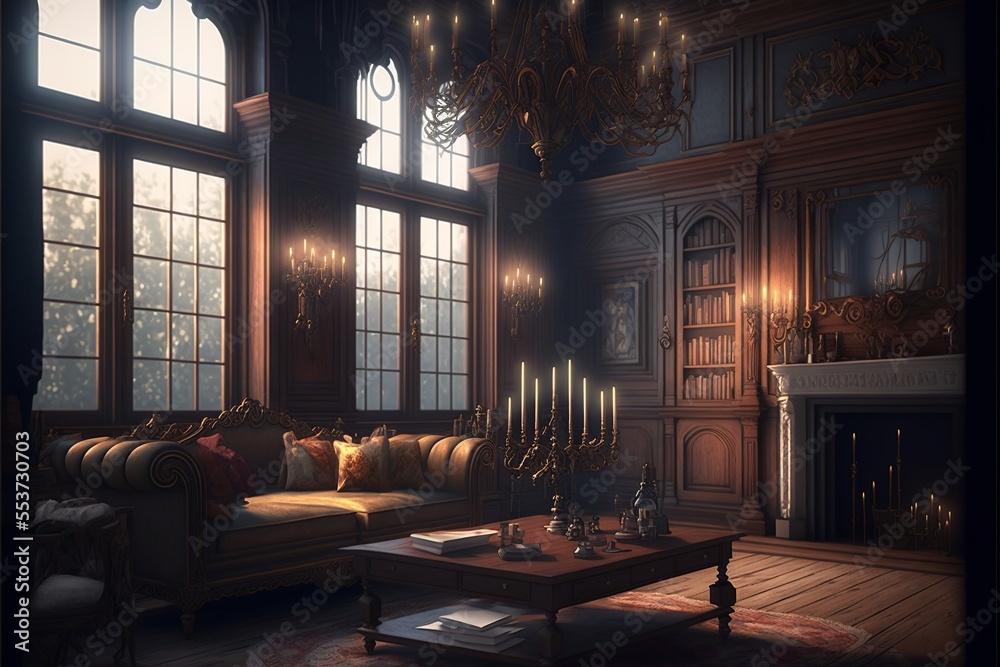 Baroque living room interior of a gothic style castle with huge windows ...