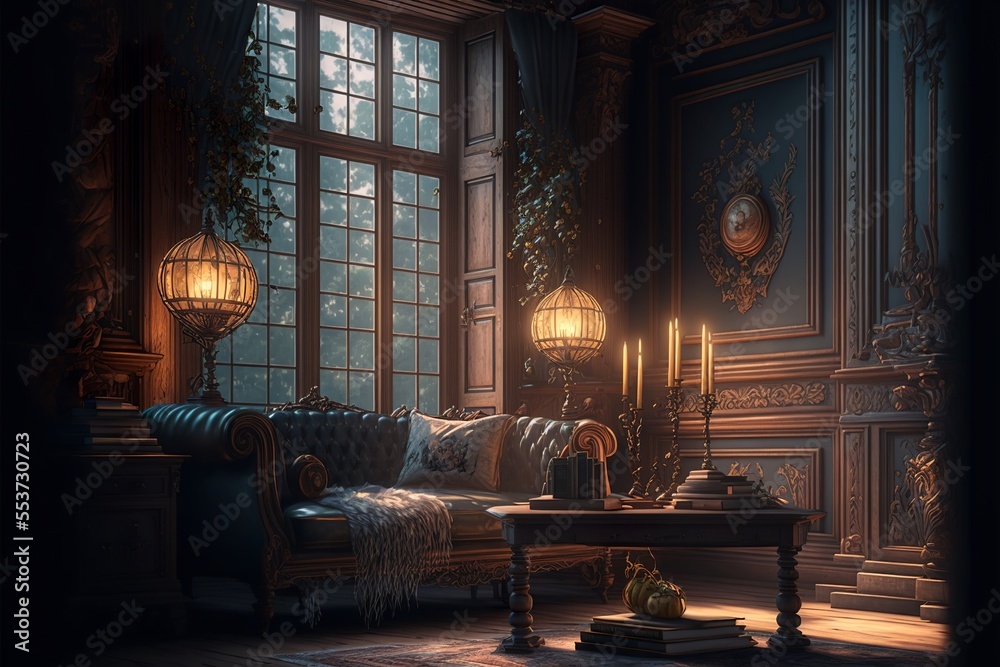 Baroque living room interior of a gothic style castle with globe lamps ...