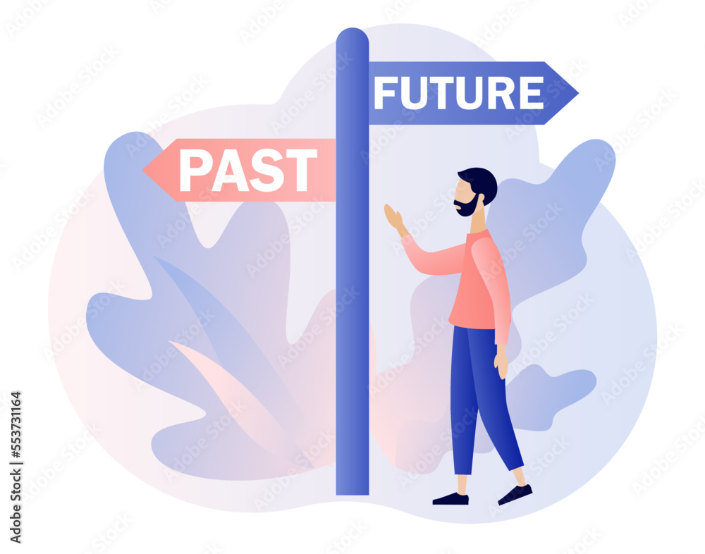 Past and future concept. Tiny man choice between past and future ...