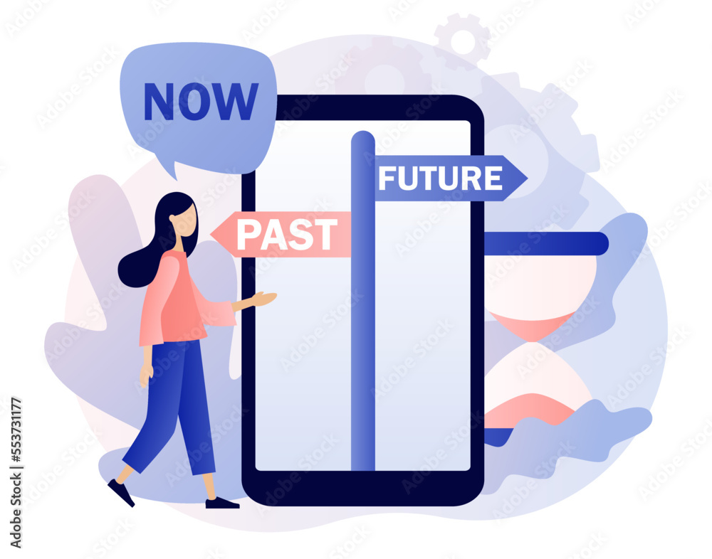 Past and future concept. Tiny woman choice between past and future ...