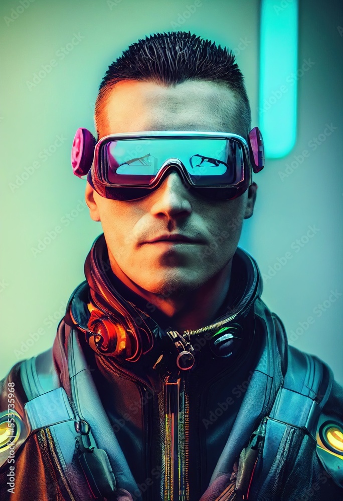Portrait of a sci-fi cyberpunk man. High-tech futuristic man from the ...