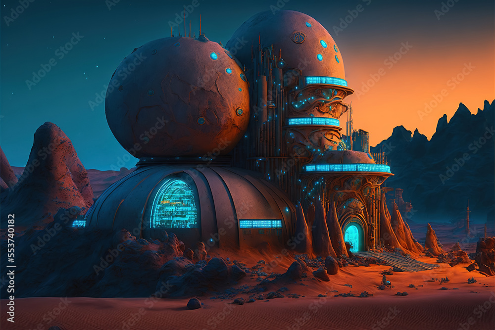 Futuristic architecture on a Mars like, red planet with metallic ...