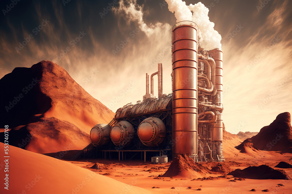 Futuristic factory on a Mars like, red planet with metallic ...