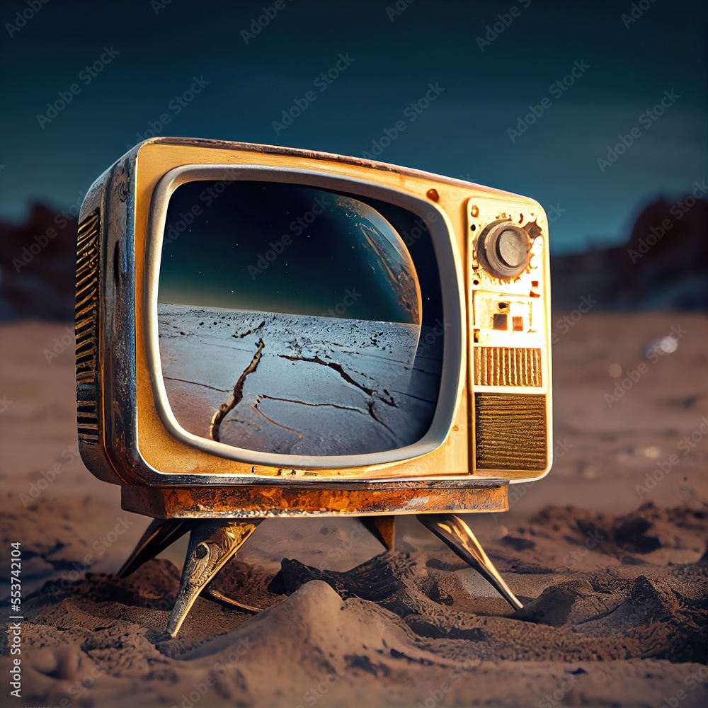 An old TV lying on the ruins of a house. A post-apocalyptic ruined city ...