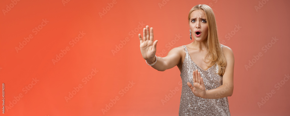 No wow slow down. Portrait freak-out displeased woman hear unpleasant ...