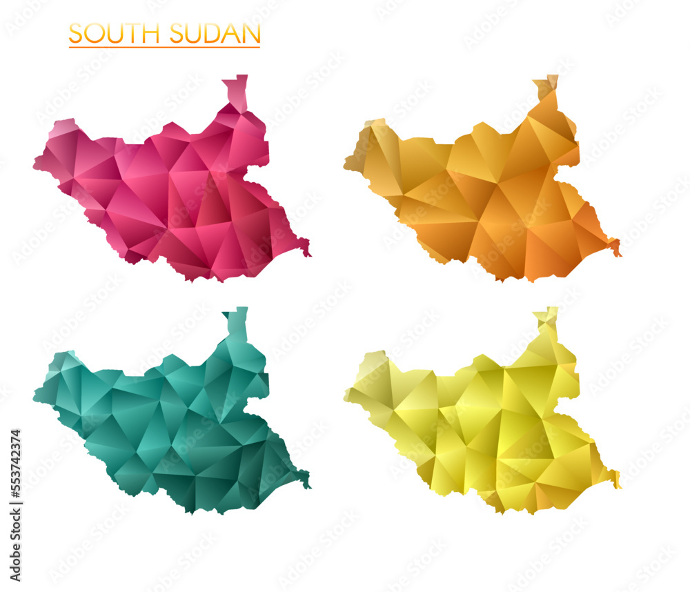 Set of vector polygonal maps of South Sudan. Bright gradient map of ...