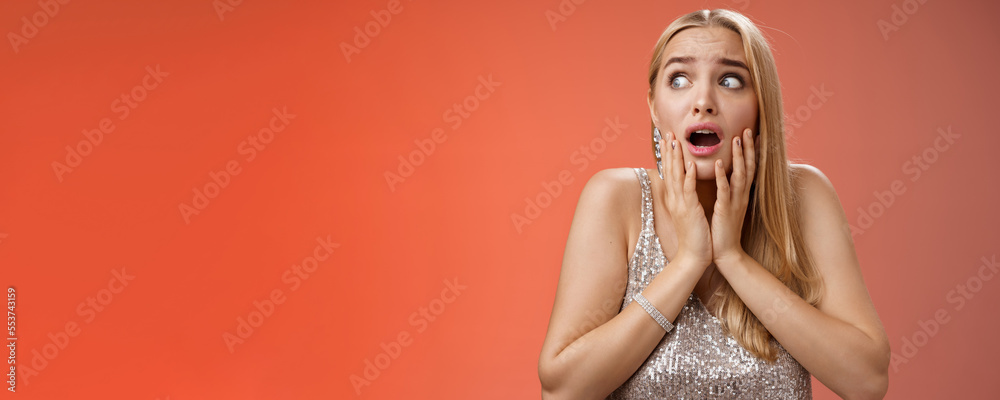 Afraid girl panic look left scared trembling fear insecure touching ...