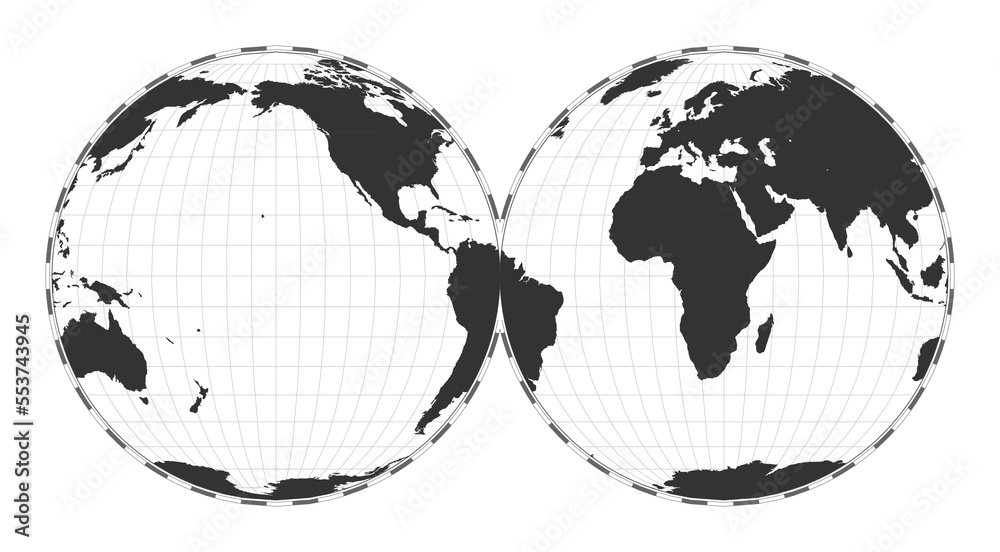 Vector world map. Mollweide projection interrupted into two (equal-area ...