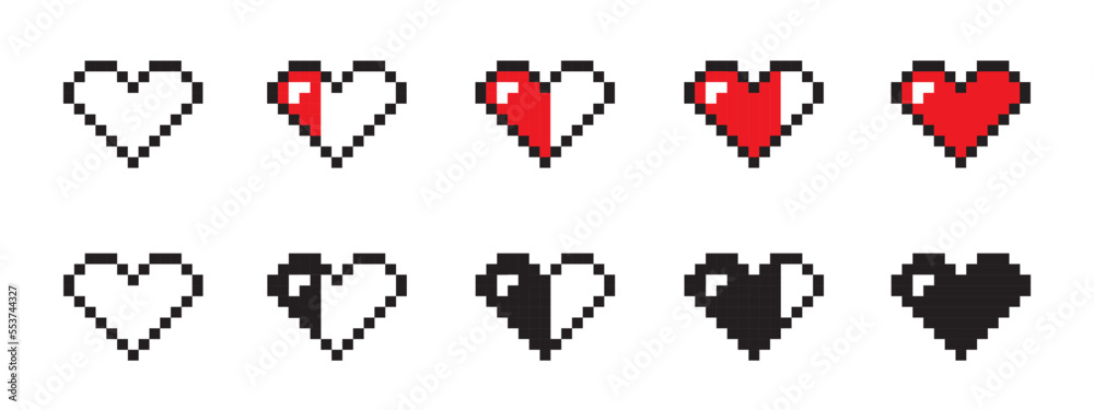 Pixel hearts set in pixel style on white background. Health bar retero ...
