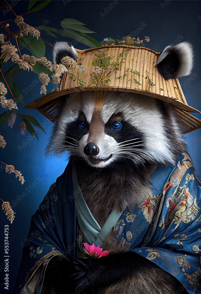 Portrait of an ancient samurai warrior Raccoon in ancient warrior armor ...