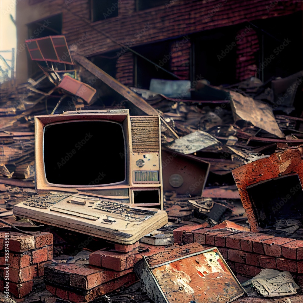 An old computer lying on the ruins of a house. A post-apocalyptic ruined city. Destroyed ...