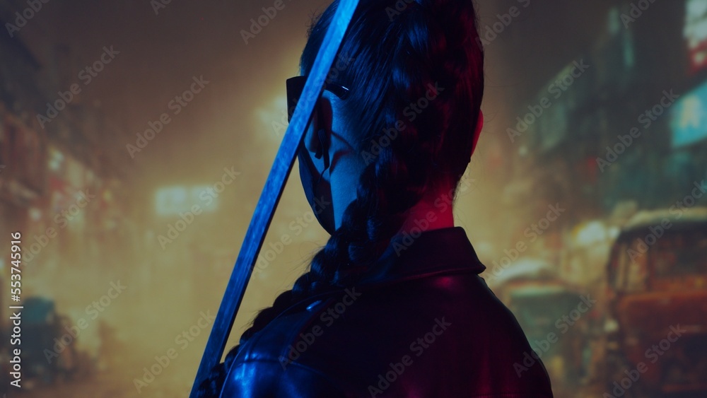Cyberpunk ninja girl in a mask and with a katana. Beautiful female ...