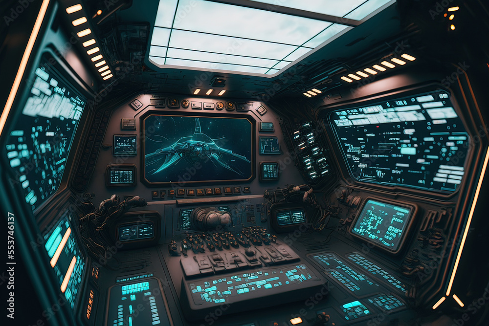 Futuristic spaceship cockpit interior. Future spacecraft control panels technology, space travel ...