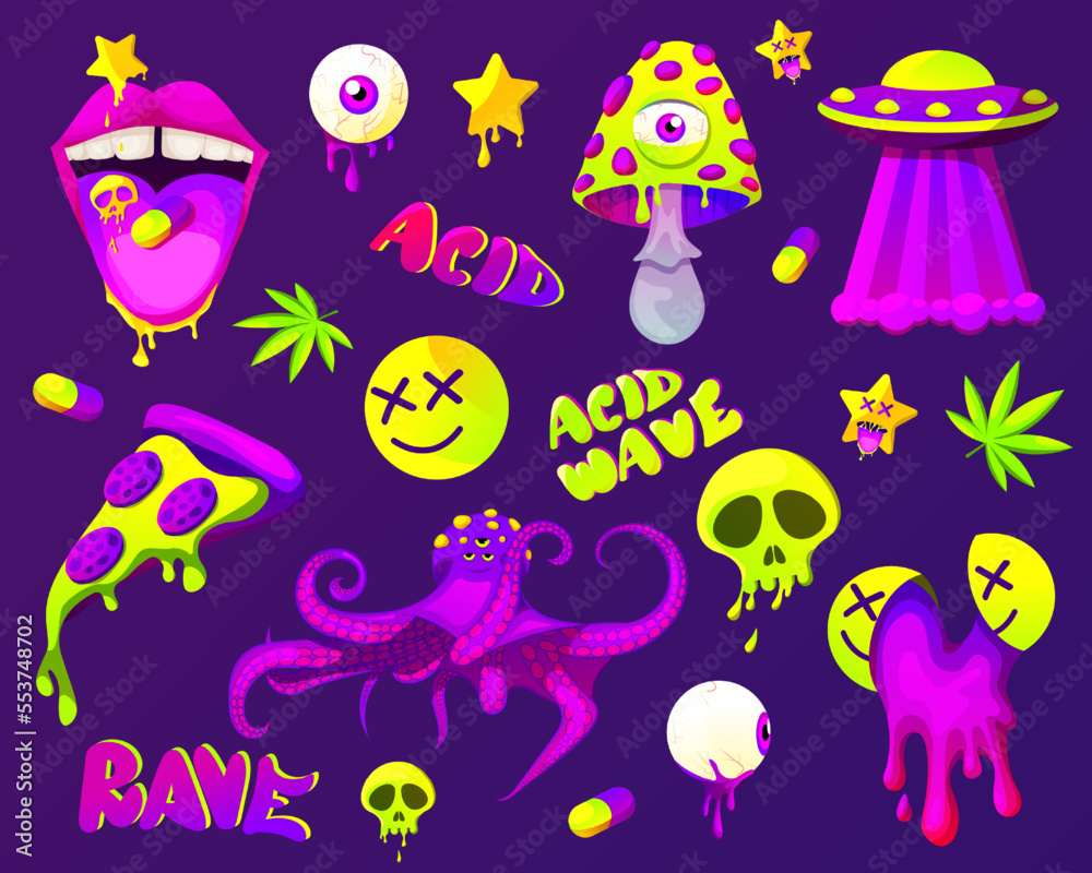Rave trip collection with psychedelic stickers. Psychedelic acid ...