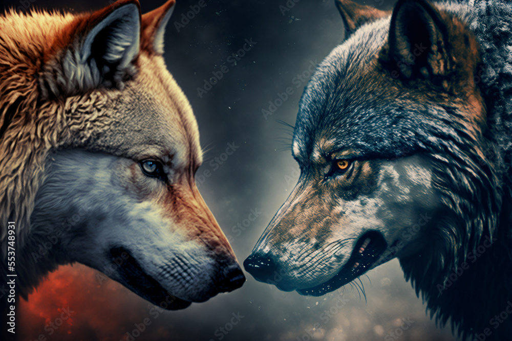 closeup of two wolves aggressive look into each other's eyes, wolf ...