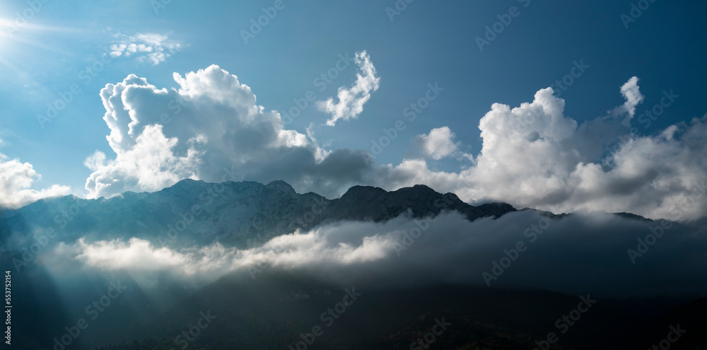 Aerial shot of Piatra Craiului National Park in Romania after a rain ...