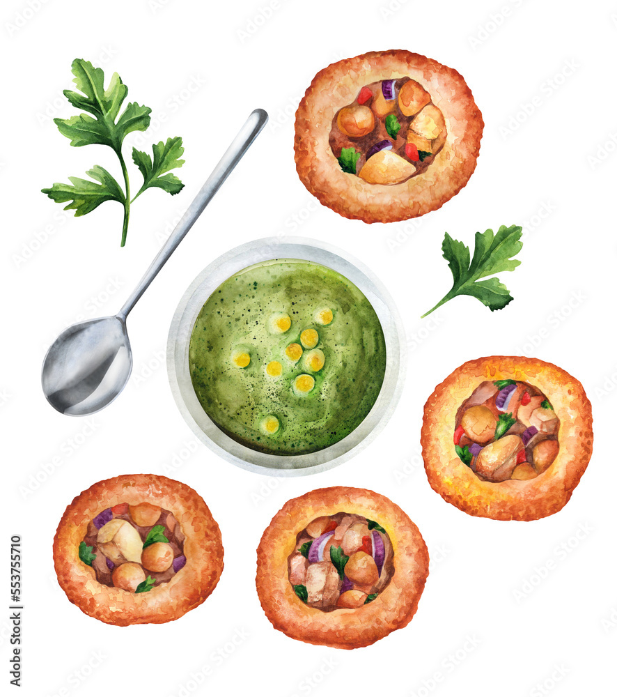 Colorful watercolor Hand drawn sketch of Indian Pani puri on a white ...