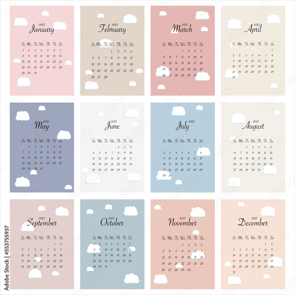 2023 calendar in trendy minimalistic style with cute clouds. A set of ...