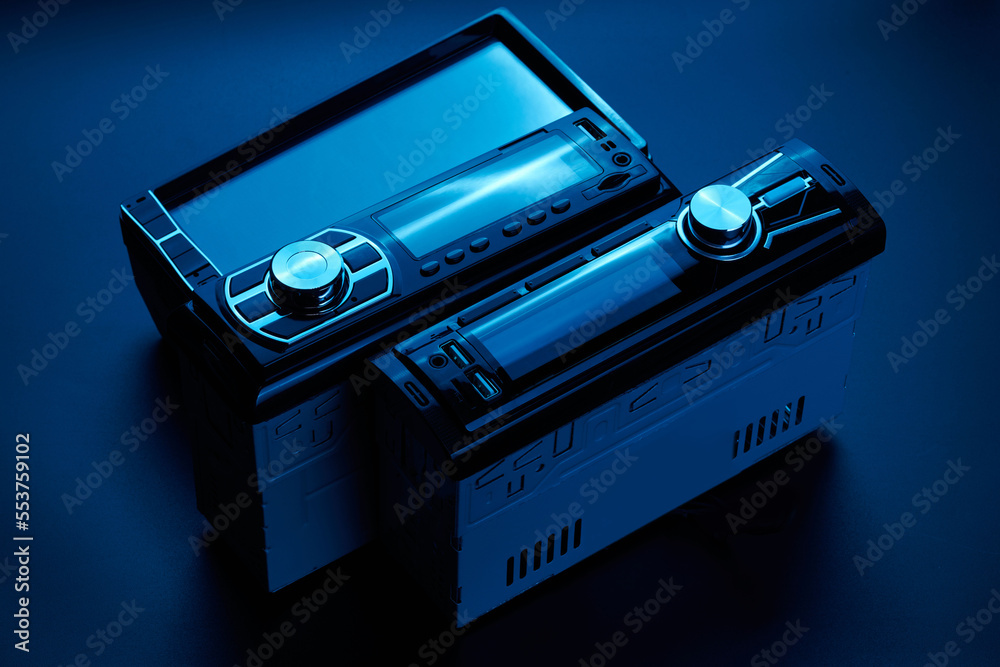Black car radio tape recorder close-up on black background, audio ...
