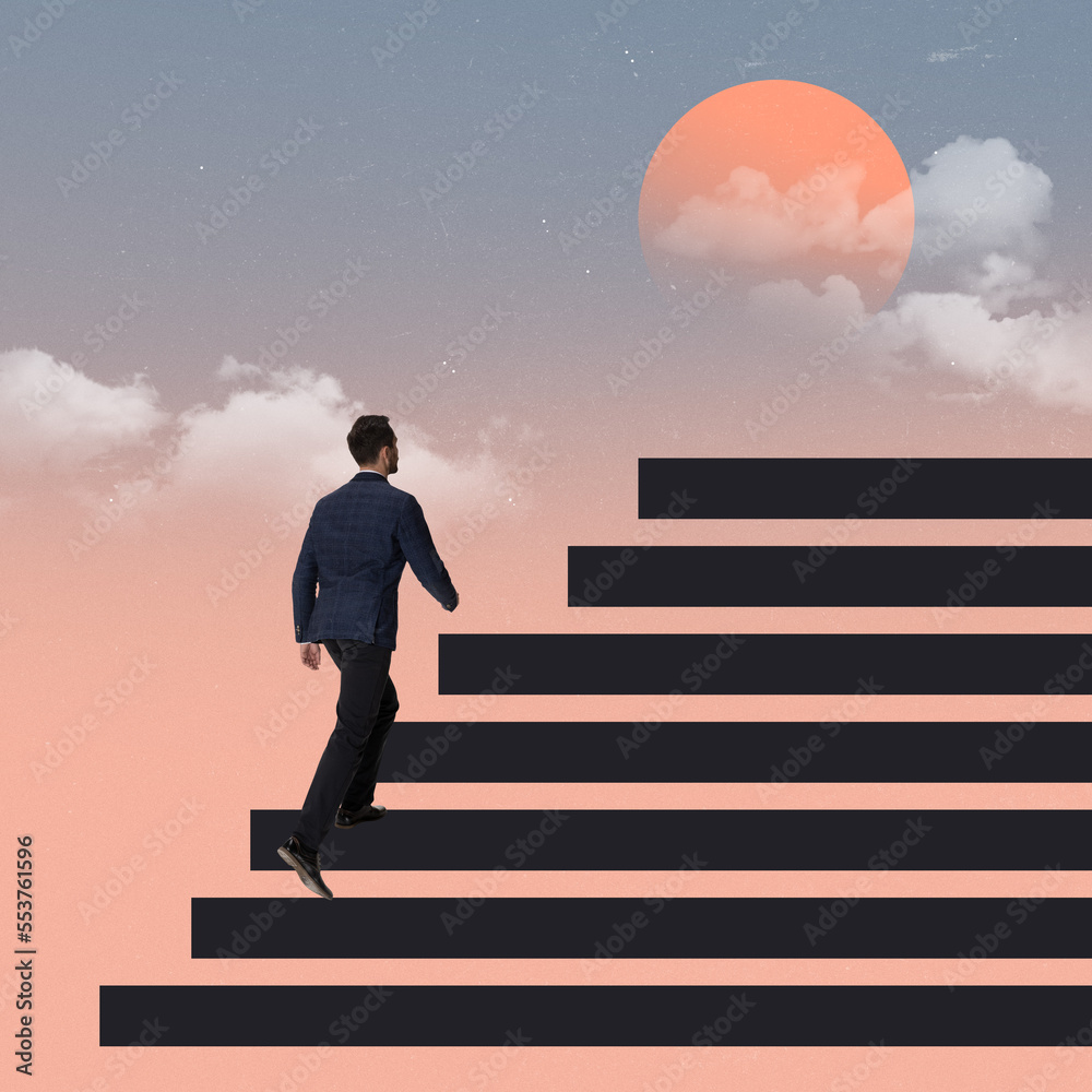 Happy man walking up the stairs to brighter future. Psychotherapy and ...