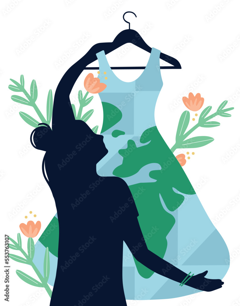 Sustainable Fashion Concept. Woman holding up Eco Fashion dress. Say no ...