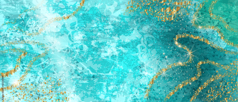 Blue marble background, golden abstract green nature agate stone banner ...