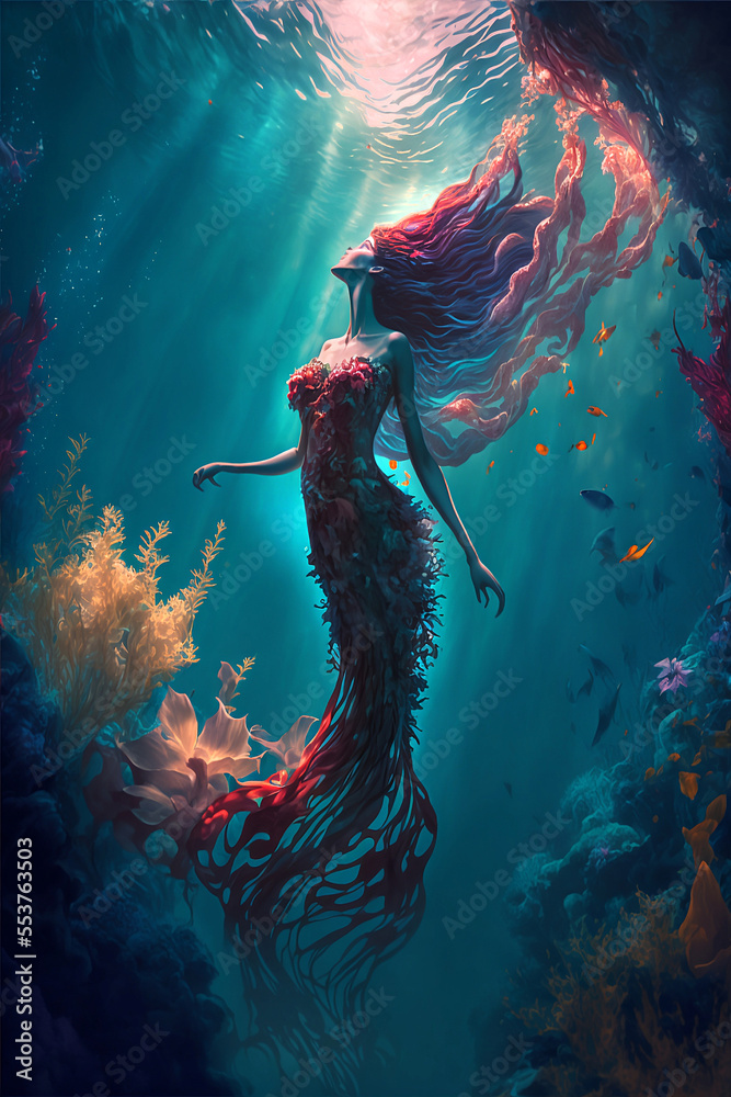 Ethereal mermaid swimming underneath the Turqoise sea. Generative AI ...