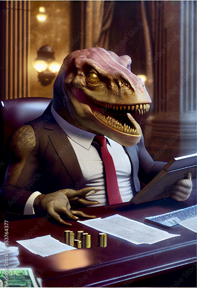 Generative AI abstract render of a T-Rex as a banker Stock Illustration ...