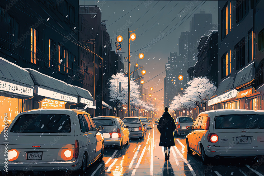 Digital illustration of a snowy night in Tokyo, Japan. Winter in ...