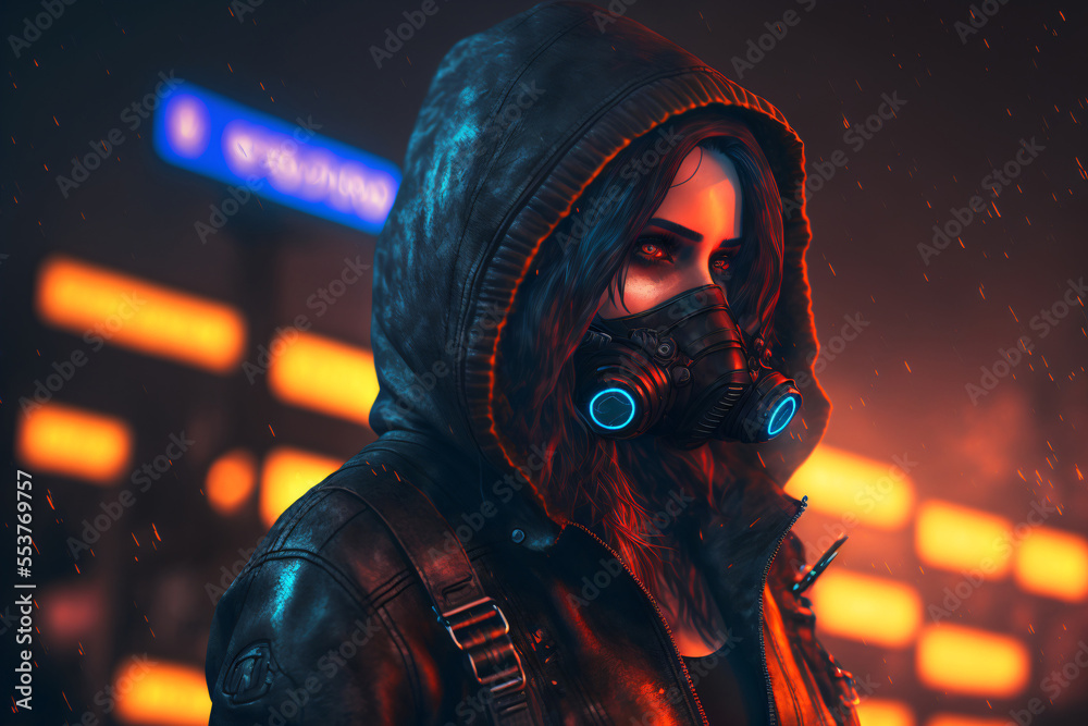 female cyberpunk girl in leather hoodie with gas mask with protective ...
