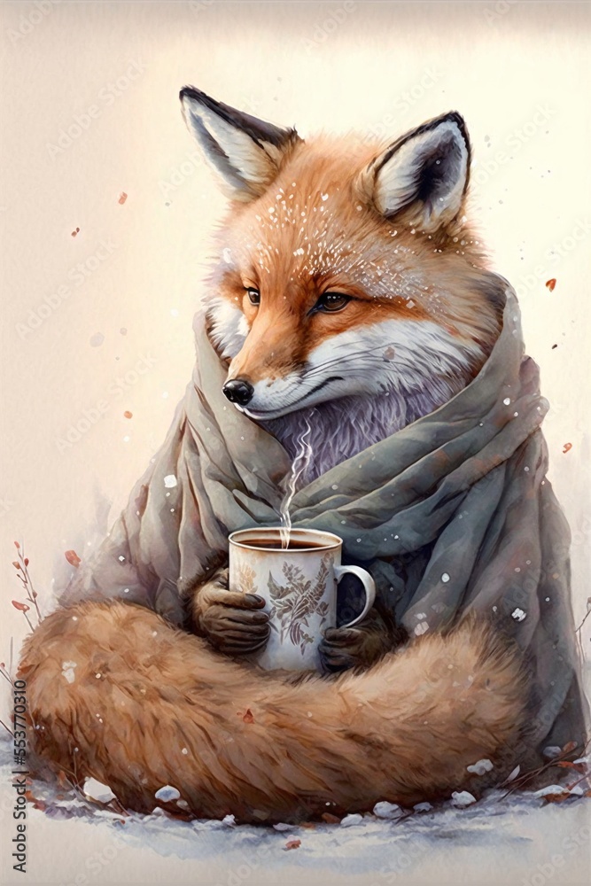 Red fox with a cup of tea Stock Illustration | Adobe Stock