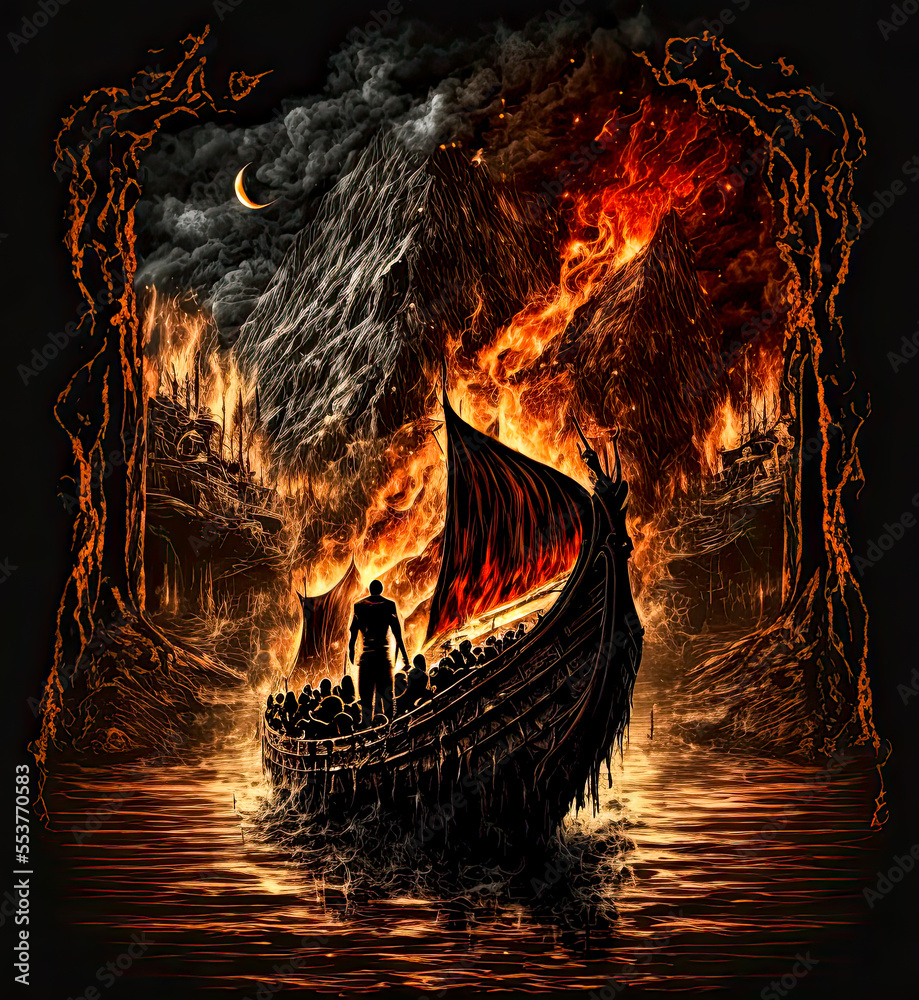 Charon's ferry crossing the river Acheron, Dante's Inferno. Generative ...