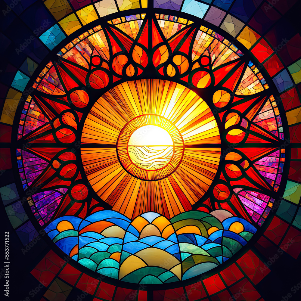 Stained glass window of the sun. Generative AI Stock Illustration | Adobe Stock