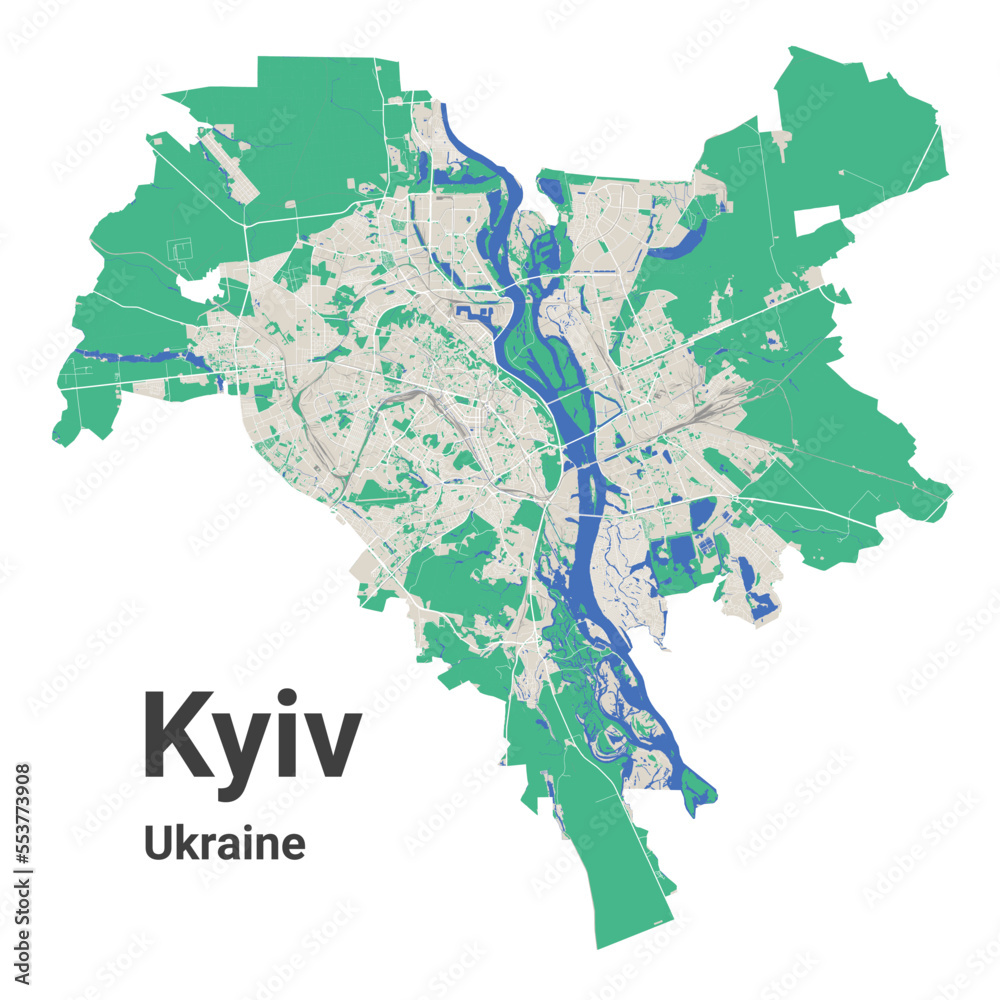 Kyiv city map with administrative borders. Dnieper river, forests ...